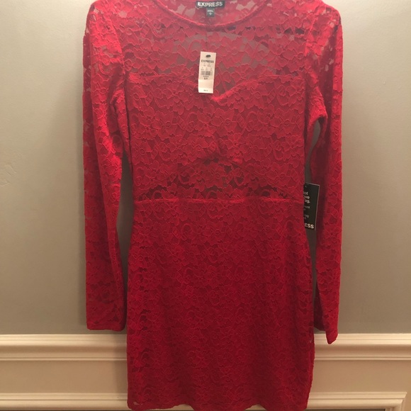 Express | Dresses | Long Sleeve Red Lace Dress With Open Back | Poshmark